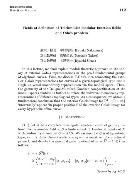 Pdf Fields Of Difnition Of Teichmuller Modular Function Fields And Odas Problem Moduli Spaces