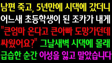 실화사연 남편죽고 5년만에 시댁 갔더니 어느새 초등학생이 된 조카가 내게 큰엄마 온다고 큰아빠 도망가던데 싸웠어요 그날새벽 시댁에 몰래 급습한 순간 이성을 잃고
