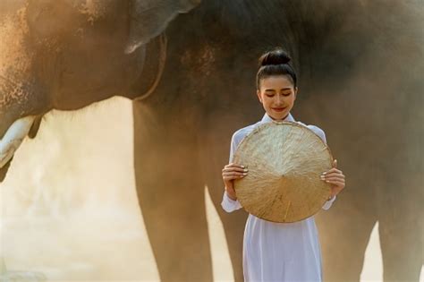아름 다운 아시아 여자와 코끼리입니다 베트남 전통 의상을 입은 아시아 여성이 밀짚모자를 들고 코끼리 앞에 서 있다 코끼리에 대한 스톡 사진 및 기타 이미지 Istock