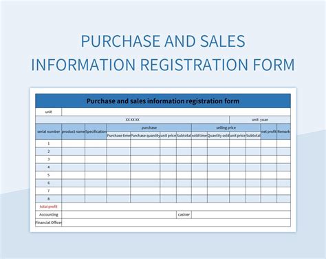 purchase and sales information registration form excel template and