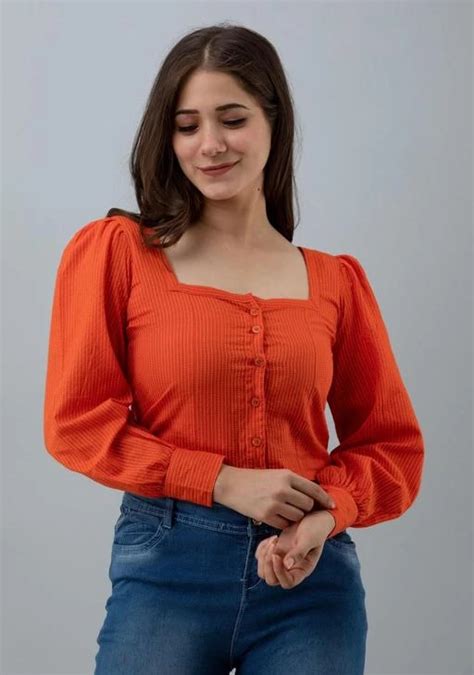 Katha Work Cotton Orange Top Classic Retro Women Tops Tunics