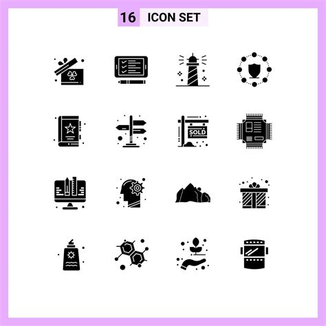 Set Of 16 Vector Solid Glyphs On Grid For Bookmark Network Lighthouse Protection Computing
