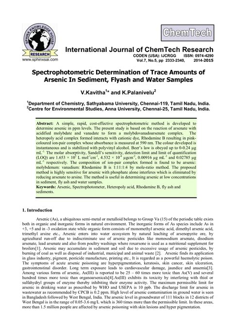 Pdf Spectrophotometric Determination Of Trace Amounts Of Arsenic In Sediment Flyash And Water