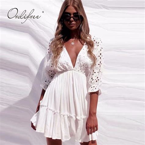 Женское мини платье с вышивкой Ordifree белое хлопковое пляжное платье с коротким рукавом и