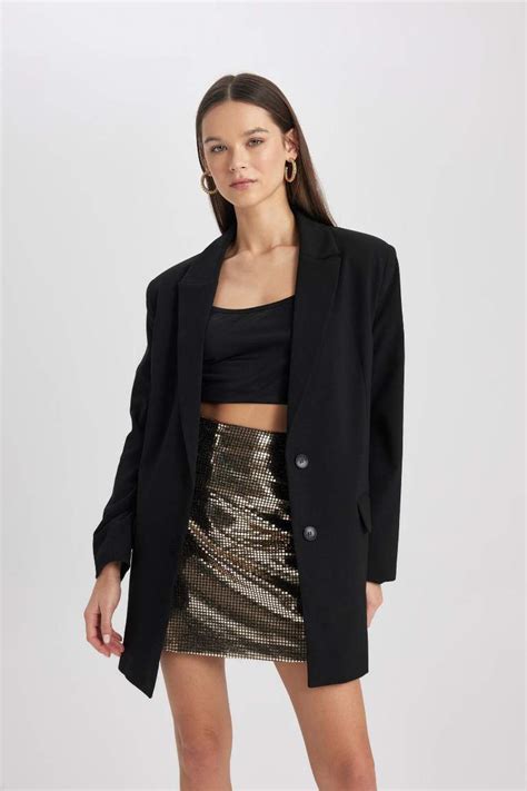 أسود حريمي جاكيت بليزر قصة عادية 3046617 Defacto