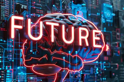Future Artificial Intelligence Server On Neon Brain Background Stock Illustration