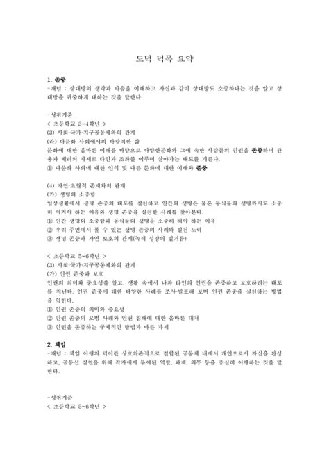 도덕 덕목 요약 존중 책임 등 인문교육
