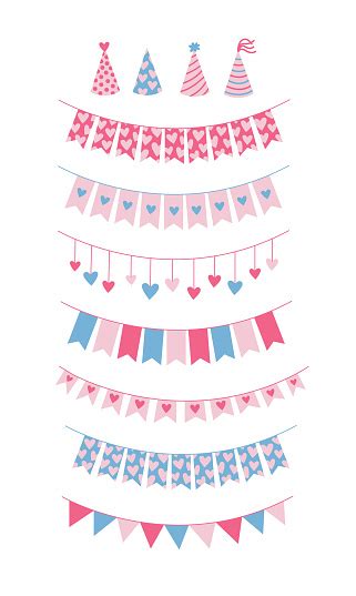 분홍색과 파란색 플래그 화환 세트 귀여운 심장 화환 파티 장식 유치 한 생일 Festoon 번팅 소년 또는 소녀 파티 화환 흰색에 고립 된 밝은 다채로운 플랫 스타일 벡터