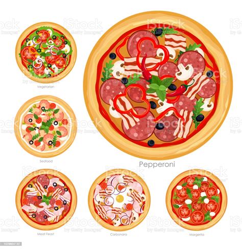 벡터 일러스트 레이 션 세트 다른 재료와 함께 피자입니다 맛 있는 채식 피자 고 흰색 배경 건강 식품 개념에 고기와 버섯 컬렉션