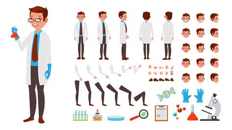 과학자 사람 벡터입니다 애니메이션된 캐릭터 만들기 세트입니다 길이 전면 측면 후면 액세서리 포즈를 꽉 찼습니다 그리고 감정 헤어스타일 제스처를 얼굴 플랫 만화 삽화를 절연