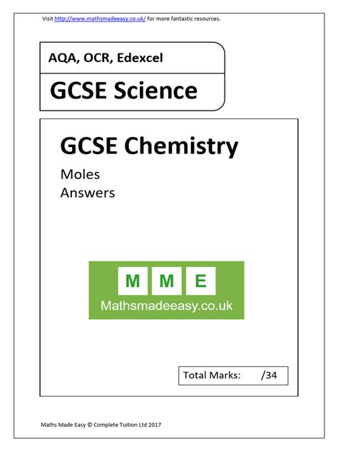 Gcse Chemistry Aqa Ocr Edexcel Moles Answers Download Free Pdf Mole Unit Chemistry