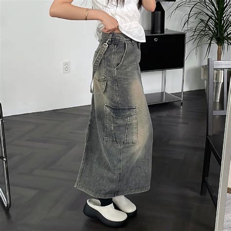 블루비 빈티지 스트랩 카고 워싱 데님 롱 스커트 청치마