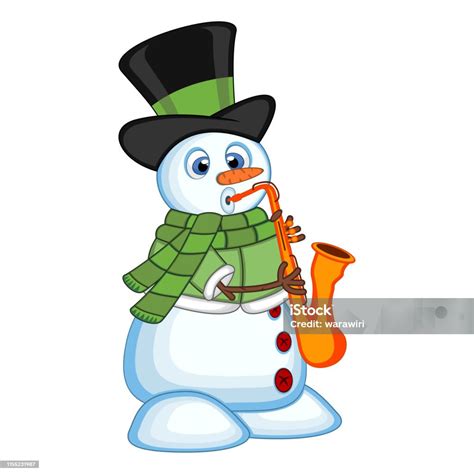 모자를 쓰고 녹색 스웨터와 색소폰을 연주하는 녹색 스카프를 입은 눈사람 12월에 대한 스톡 벡터 아트 및 기타 이미지 12월 겨울 계절 Istock