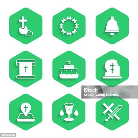 노아의 방주 기독교 성배 십자군 묘비가있는 무덤 위치 교회 건물 깃발 기독교 십자가 교회 종과 아이콘 벡터 The Crusades에 대한 스톡 벡터 아트 및 기타 이미지