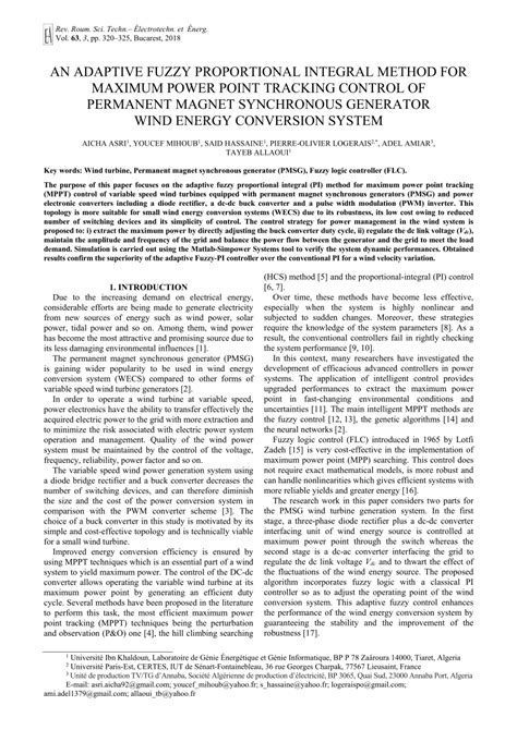 Pdf An Adaptive Fuzzy Proportional Integral Method For Maximum Power Point Tracking Control Of