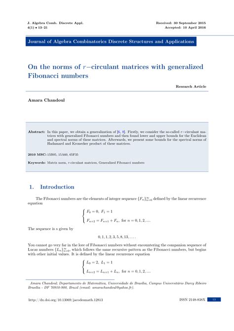 Pdf On The Norms Of R Circulant Matrices With Generalized Fibonacci Numbers