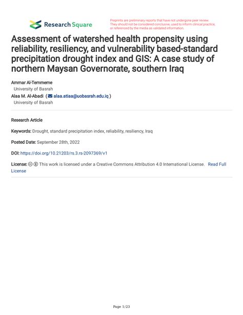 Pdf Assessment Of Watershed Health Propensity Using Reliability Resiliency And Vulnerability