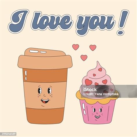 종이 유리 커피 한 잔 머핀이 있는 귀여운 발렌타인 데이 카드 그루비한 복고풍 스타일의 사랑에 빠집니다 사랑해 로맨틱한 컨셉 완벽한 커플 러브 매치 히피 복고풍 빈티지 음식