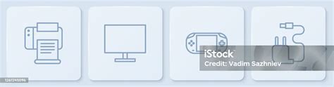 세트 라인 프린터 휴대용 비디오 게임 콘솔 컴퓨터 모니터 화면 및 충전기 흰색 정사각형 버튼 벡터 Brand Name Video