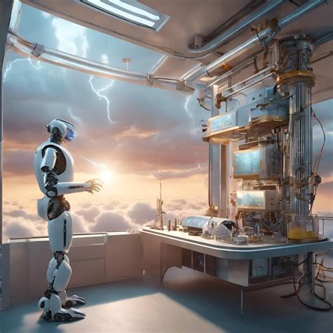 Premium Photo A Robot Scientist Conducting Experiments In A Floating Laboratory In The Clouds
