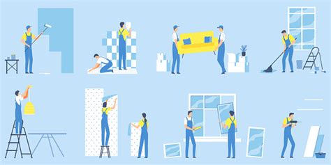 홈 수리 작업자 세트 집이나 홈 아파트 인테리어 리노베이션을 하는 사람들의 컬렉션 만화 플랫 남자와 여자 빌더 문자 흰색 배경에 격리된 플랫 스타일 벡터 일러스트레이션입니다