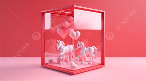 빨간색 배경에 분홍색 공과 하트로 둘러싸인 유니콘 조각상이 있는 상자 발렌타인의 3d 렌더링 큐브 프레임의 붉은 크리스털 하트와 분홍색 배경의 귀여운 유니콘 미니멀