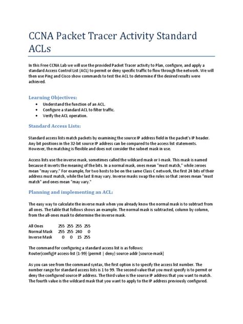 Pdf Ccna Packet Tracer Activity Standard Acls Dokumentips