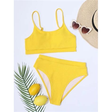 Yellow Ribbed High Waist Bikini Set Swimwear India