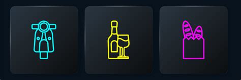 세트 라인 스쿠터 프렌치 바게트 빵 유리를 곁들인 와인 병 검은 색 사각형 버튼 벡터 건강한 생활방식에 대한 스톡 벡터 아트 및 기타 이미지 Istock