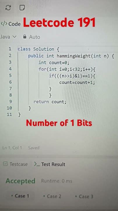Number Of 1 Bits Leetcode 191 Java Leetcode Leetcodequestions Coding Learncoding Youtube