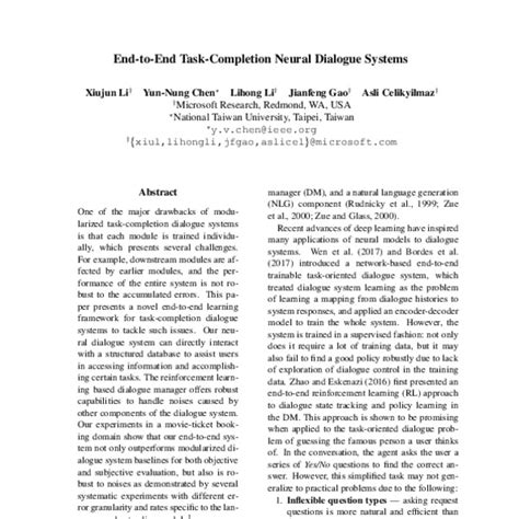 End To End Task Completion Neural Dialogue Systems Acl Anthology
