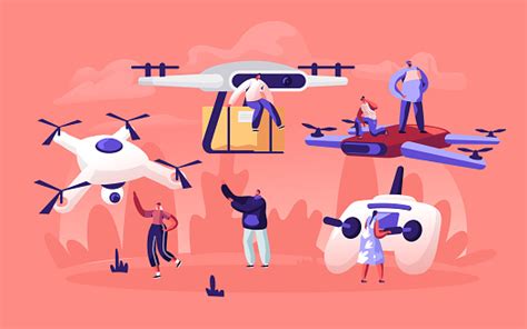 사람들이 재생 하 고 포스트 메일 배달에 대 한 드론을 사용 하 여 쿼드로 콥터 원격 공중 무인 항공기 와 카메라 촬영 사진 또는 비디오 녹화 게임 미래 기술 만화 평면