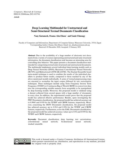 Pdf Deep Learning Multimodal For Unstructured And Semi Structured Textual Documents Classication