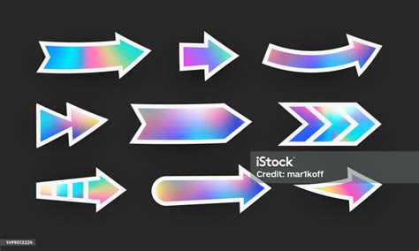 홀로그램 화살표 화살표 모양의 홀로그램 레이블입니다 디자인 모형을 위한 스티커 모양입니다 미리보기 태그 레이블을위한 홀로그램 질감 스티커 벡터 일러스트 레이 션 가격에 대한