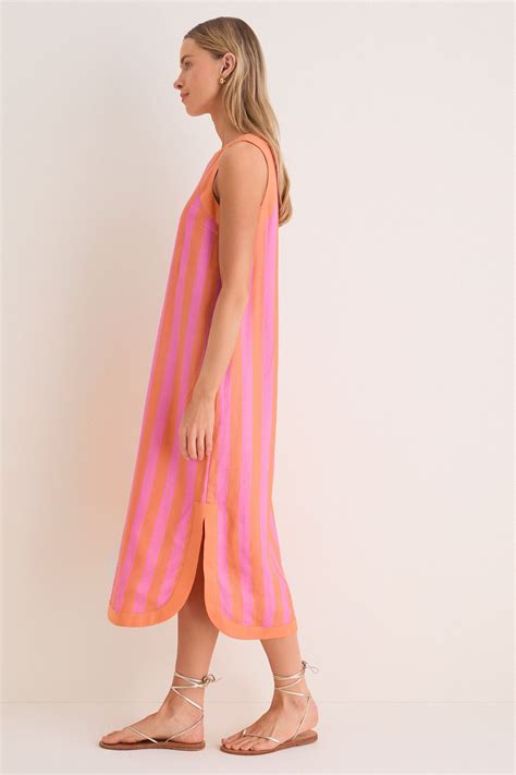 Orange And Pink Cabana Stripe Nella Midi Dress Hyacinth House
