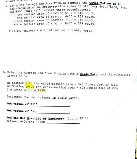 Solved 1 Using The Average End Area Formula Compute The