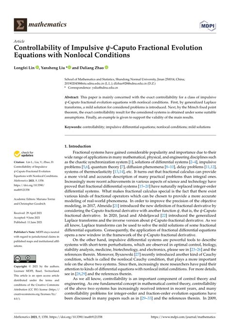 Pdf Controllability Of Impulsive ψ Caputo Fractional Evolution Equations With Nonlocal Conditions