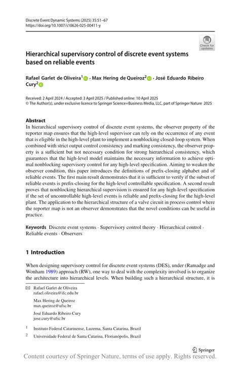 Hierarchical Supervisory Control Of Discrete Event Systems Based On Reliable Events Request Pdf