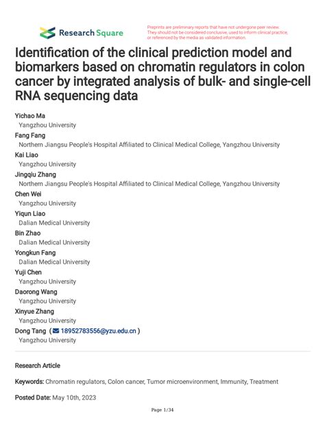 Pdf Identification Of The Clinical Prediction Model And Biomarkers Based On Chromatin