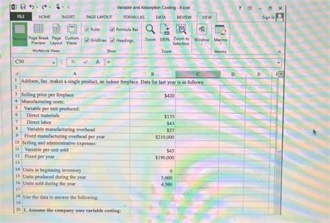 solved variable and absorption costing using excel s sum and