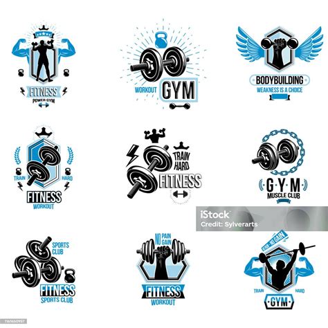벡터 피트니스 운동 테마 엠블럼과 아령 바벨 디스크 웨이트 스포츠 장비와 근육 스포츠맨 바디 실루엣으로 만든 영감 포스터 컬렉션 로고에 대한 스톡 벡터 아트 및 기타 이미지
