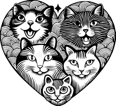 Heart Shaped Cat With Multiple Faces Black Illustration Etching Vintage Vector Sketch Stock