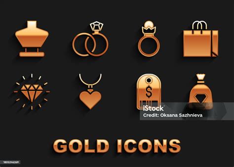 하트 모양의 펜던트 쇼핑백 보석 가방 보석 가격표 달러 다이아몬드 약혼 반지 마네킹 및 결혼 반지 아이콘과 목걸이 세트 벡터 0명에 대한 스톡 벡터 아트 및 기타 이미지