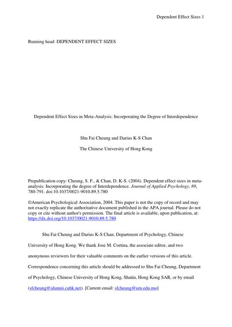 Pdf Dependent Effect Sizes In Meta Analysis Incorporating The Degree