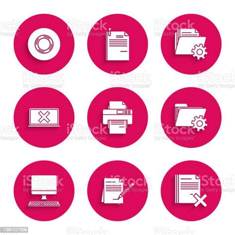 프린터 빈 노트북 및 연필을 지우개로 설정하고 파일 문서 삭제 폴더 설정 기어 컴퓨터 모니터 키보드 랩톱 크로스 마크 화면 및 스카치 아이콘을 설정합니다 벡터 개념에 대한