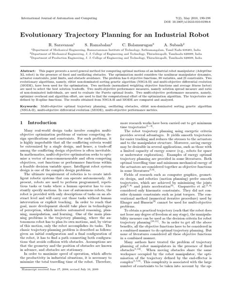 2010 Evolutionary Trajectory Planning For An Industrial Robot Saravanan Pdf Mathematical
