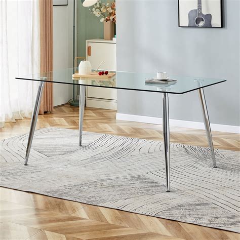 Sudica 51 Tempered Glass Dining Table For 4 6 Modern Rectangular Kitchen Table With Silver