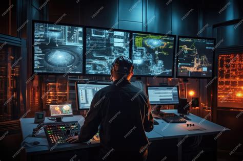 Rear View Of Male Security Guard Using Computers In Surveillance Room At Night Engineer