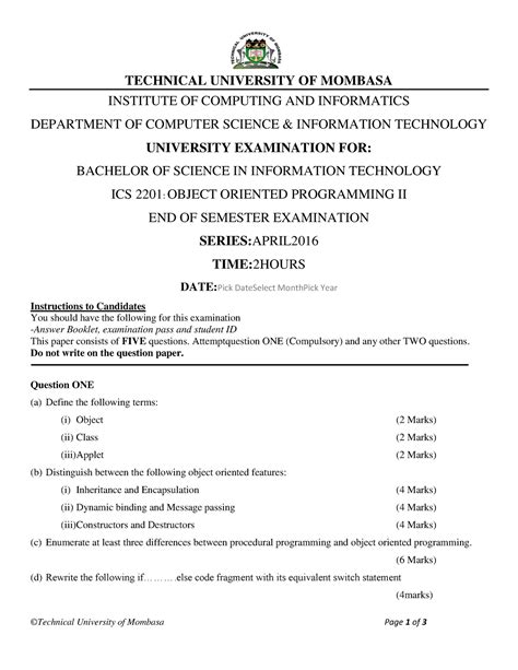35ics 2201 Oop Ii Paper Ii ©technical University Of Mombasa Page 1 Of 3 Technical