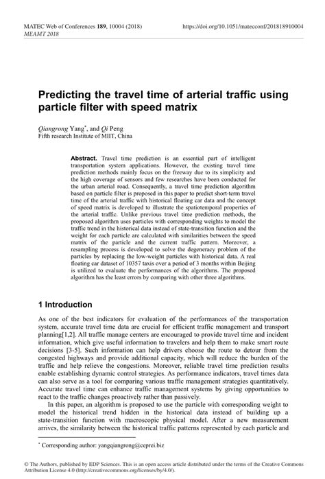 Pdf Predicting The Travel Time Of Arterial Traffic Using Particle Filter With Speed Matrix
